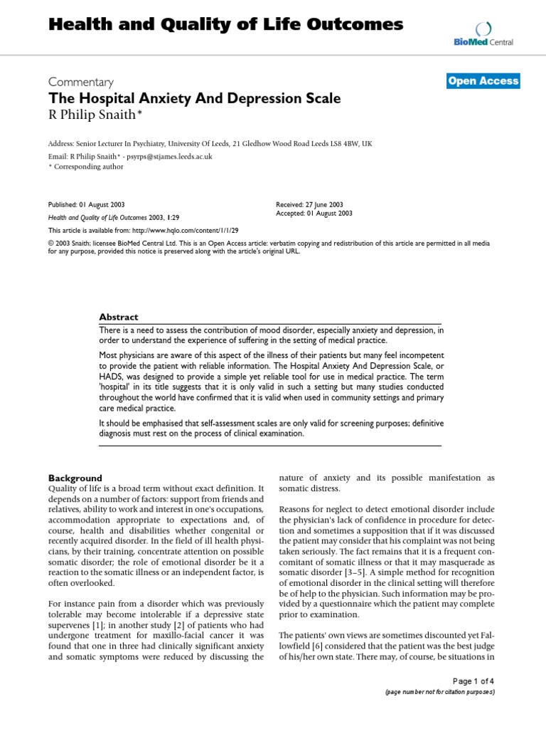 HADS The Hospital Anxiety and Depression Scale | PDF | Mental Disorder ...