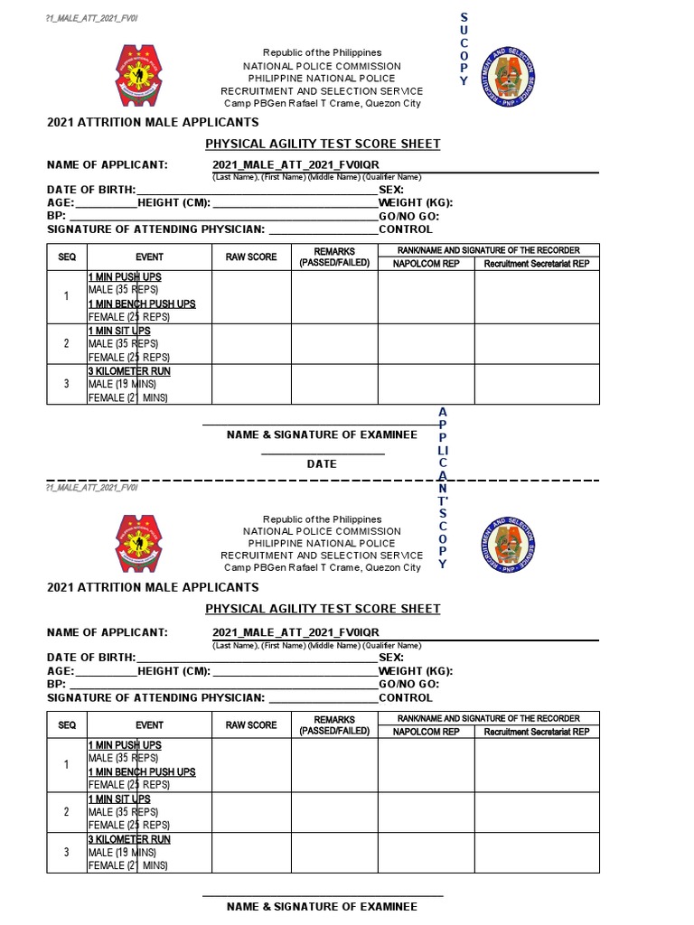 2021 Attrition Male Applicants Physical Agility Test Score Sheet | PDF