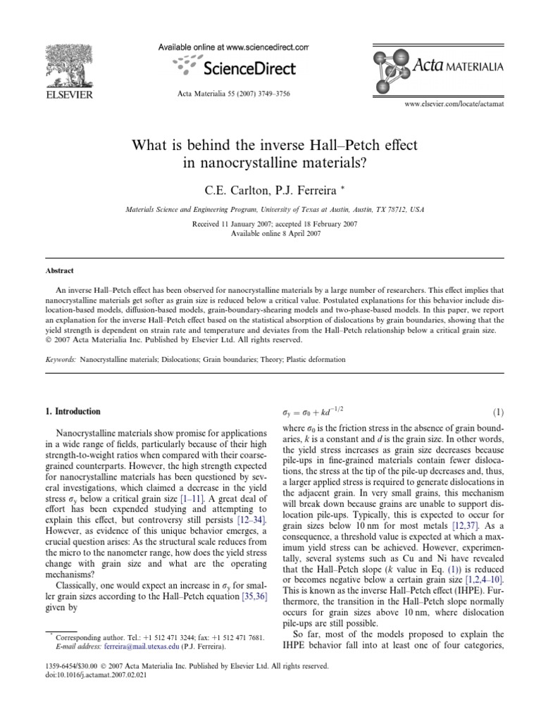 Hall - Petch Effect Carlton 2007 | PDF | Dislocation | Crystallite