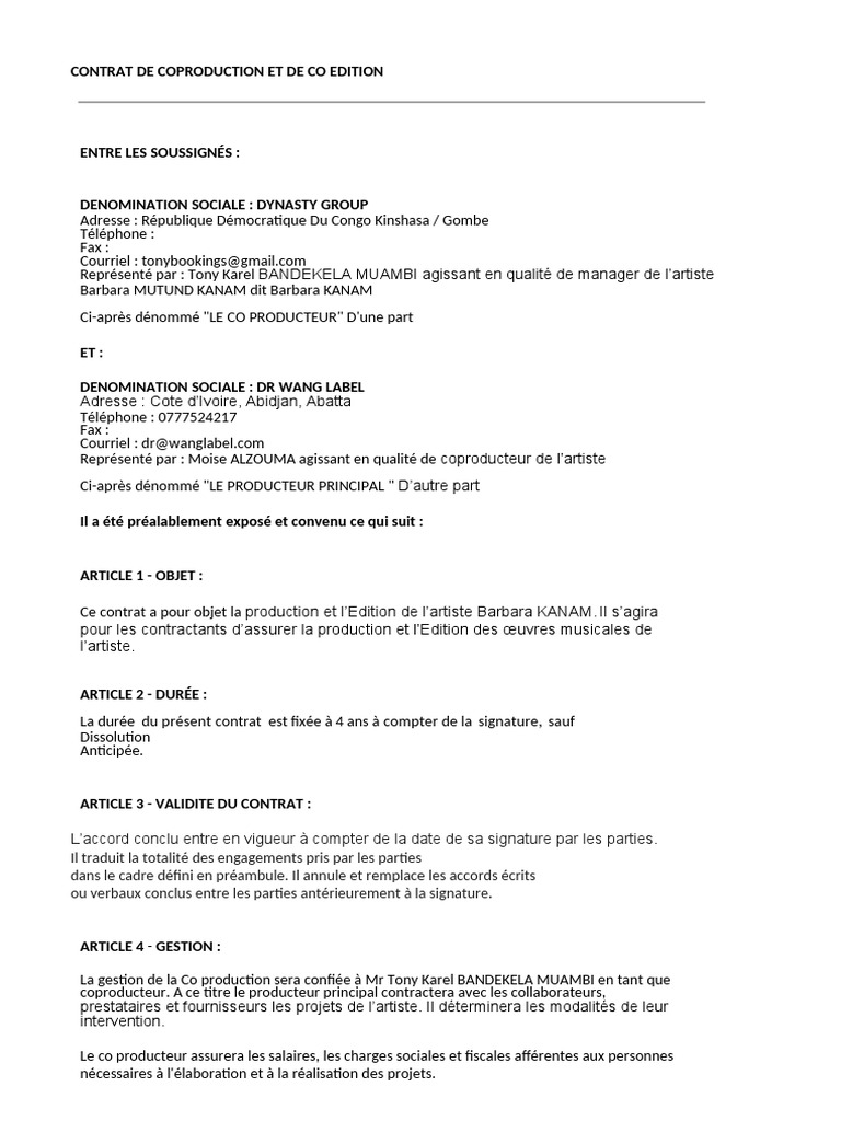 Copie de Contrat de Coproduction Et de Co Edition (1) - Converti | PDF | Confidentialité | Publicité