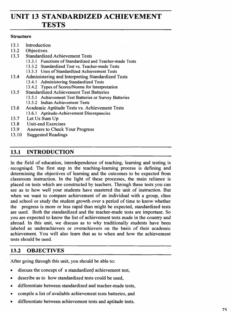 Unit 13 Standardized Achievement Tests: Structure | PDF | Standardized ...