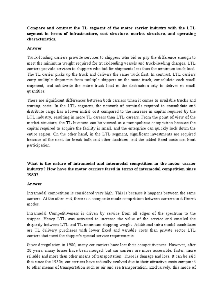 Compare and Contrast The TL Segment of The Motor Carrier Industry With ...