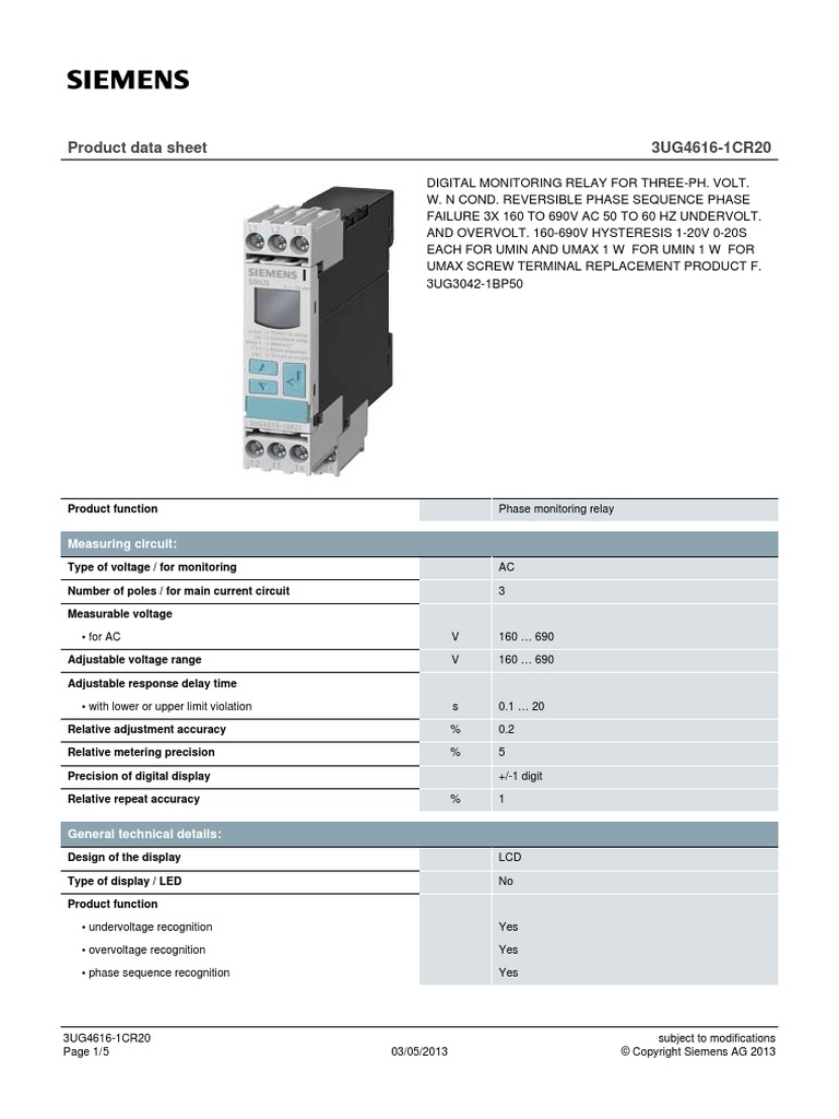 Product Data Sheet 3UG4616-1CR20: Measuring Circuit | PDF | Alternating Current | Relay
