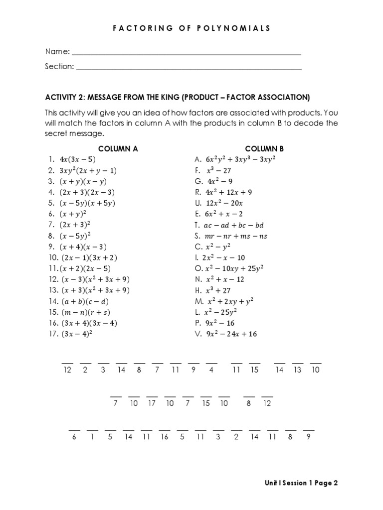 Factoring of Polynomials: Unit I Session 1 Page 2 | PDF