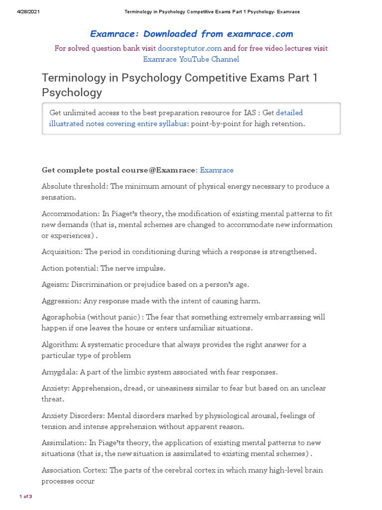 Psychology Terminology for Exams Part 1 | PDF | Psychotherapy | Psychology