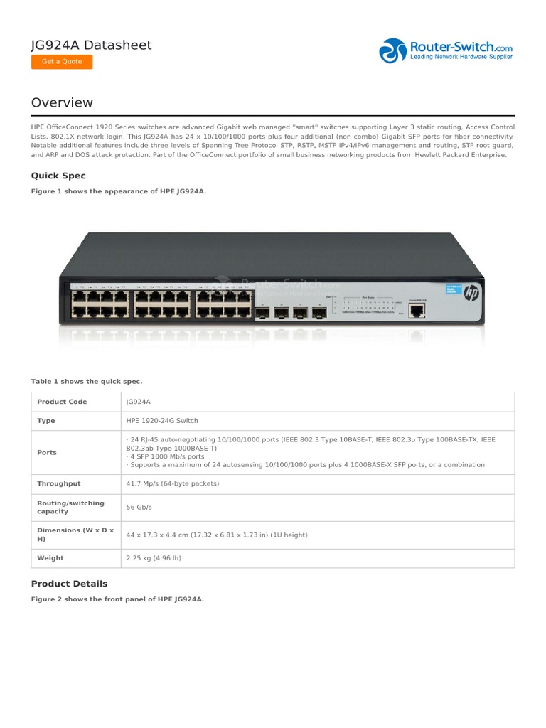 JG924A Datasheet: Quick Spec | PDF | Computer Network | Computer Science