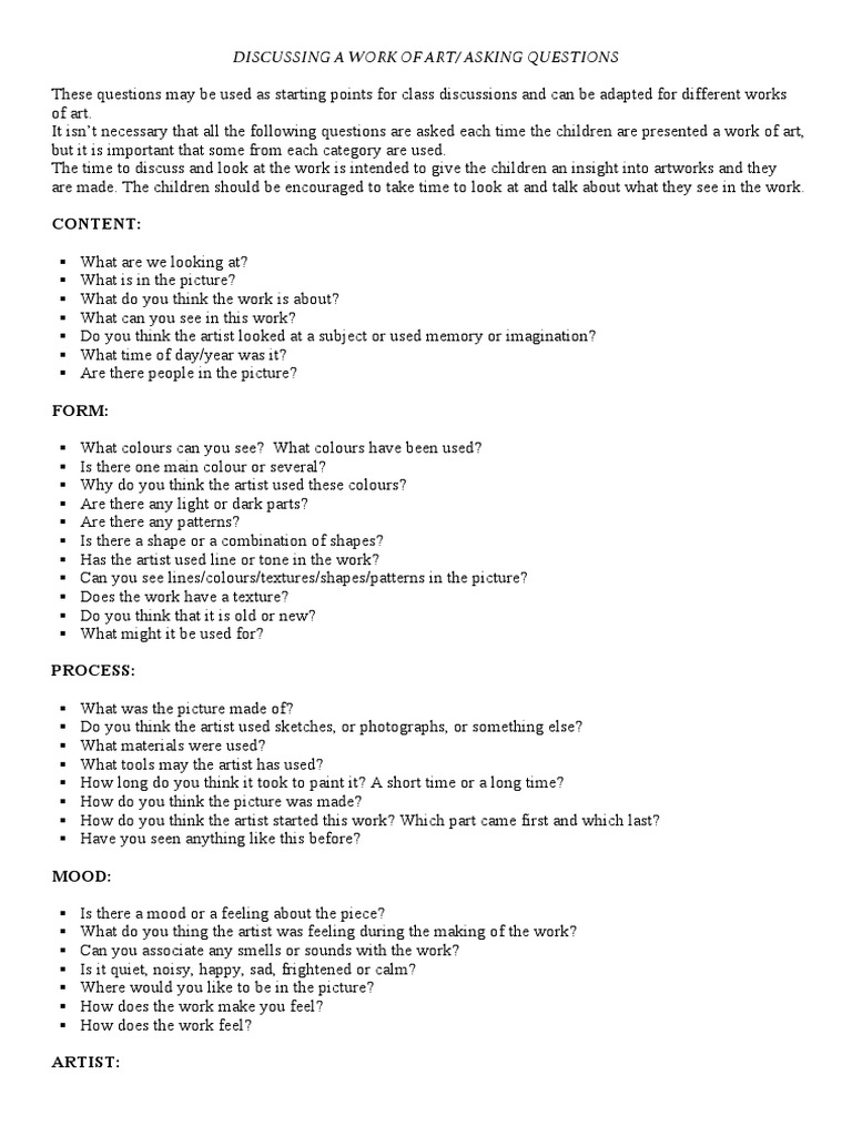 Content:: Discussing A Work of Art/ Asking Questions | PDF | Idea | Feeling