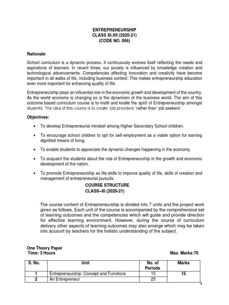 Entrepreneurship Curriculum for Class XI-XII | PDF | Entrepreneurship ...