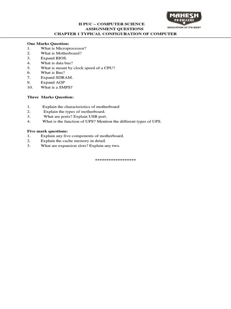 Ii Puc - Computer Science Assignment Questions Chapter 1 Typical Configuration of Computer | PDF ...