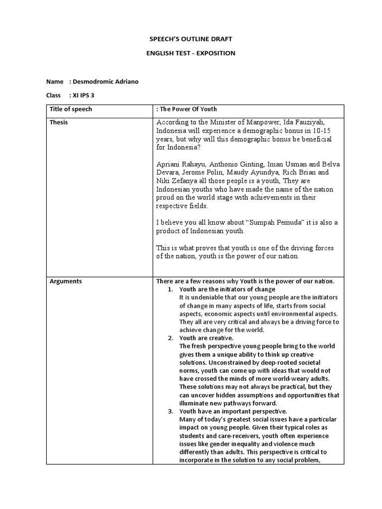 Speech'S Outline Draft English Test - Exposition: Name: Desmodromic ...