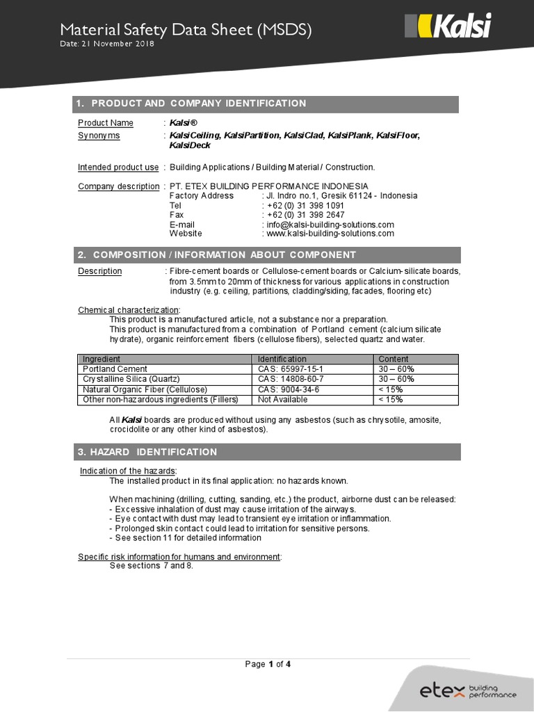 MSDS - Kalsi (En) | PDF | Silicon Dioxide | Personal Protective Equipment