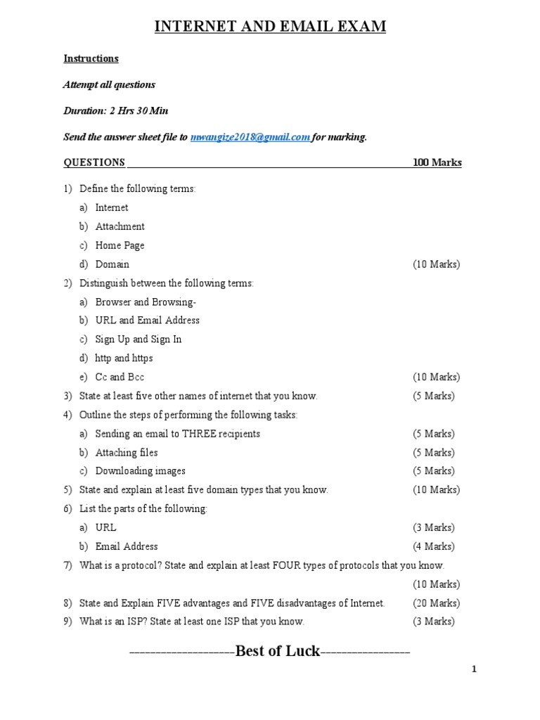 Internet and Email Exam: Attempt All Questions Duration: 2 Hrs 30 Min ...