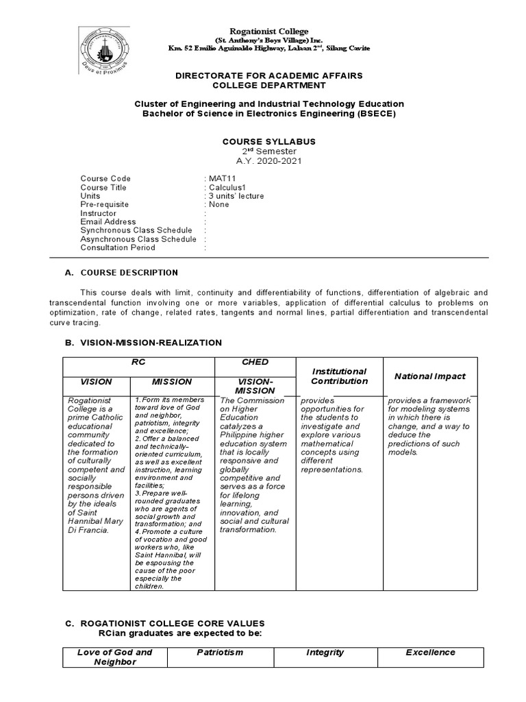 Syllabus Calculus1 Pdf Derivative Function Mathematics