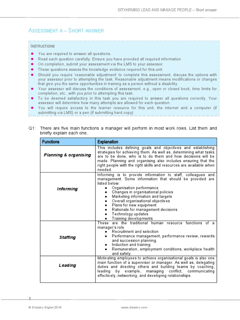 SITXHRM003 Assessment A Short Answer V2-1 | PDF
