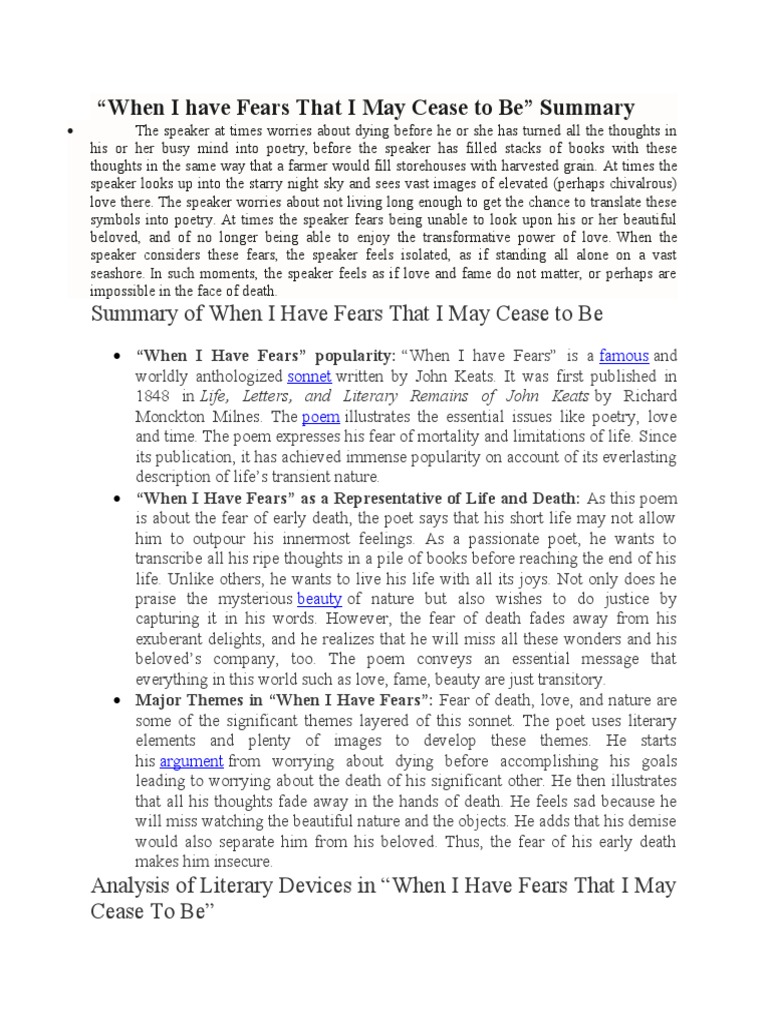 John Keats and A Summary of When I Have Fears | PDF | Poetry | Metre ...