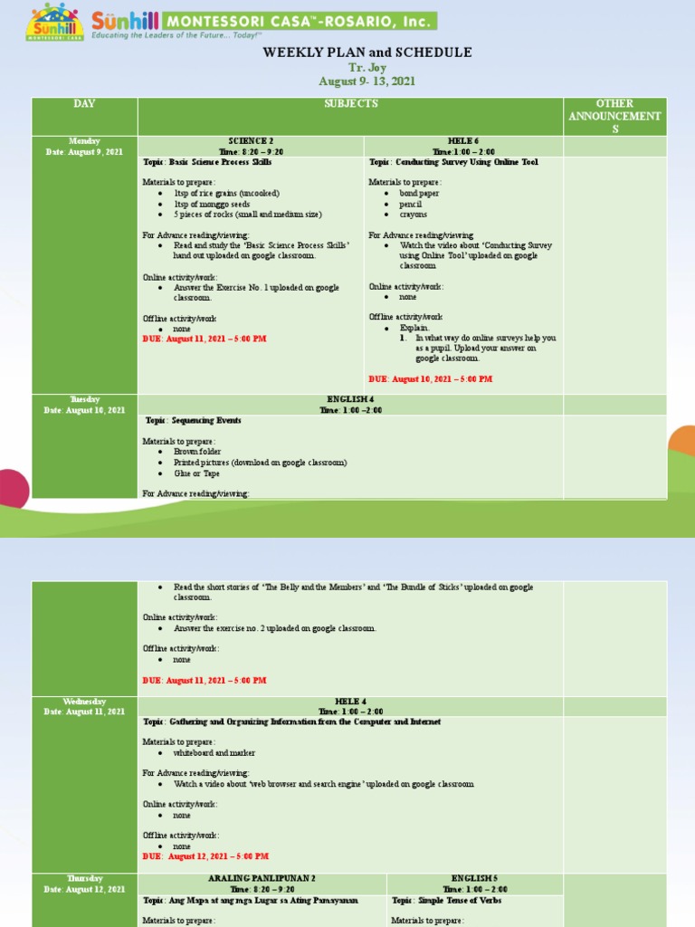 Weekly Plan and Schedule: Tr. Joy August 9-13, 2021 | PDF | Online And ...