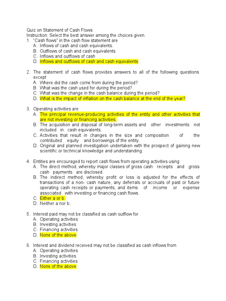 Quiz on Statement of Cash Flows | PDF | Cash Flow Statement | Accounting