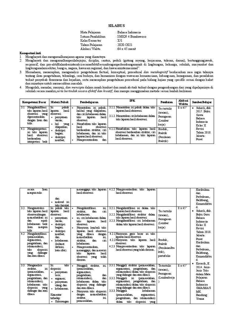 Silabus Bindo Kelas X k13 Revisi 2020 | PDF | Seni & Disiplin Bahasa