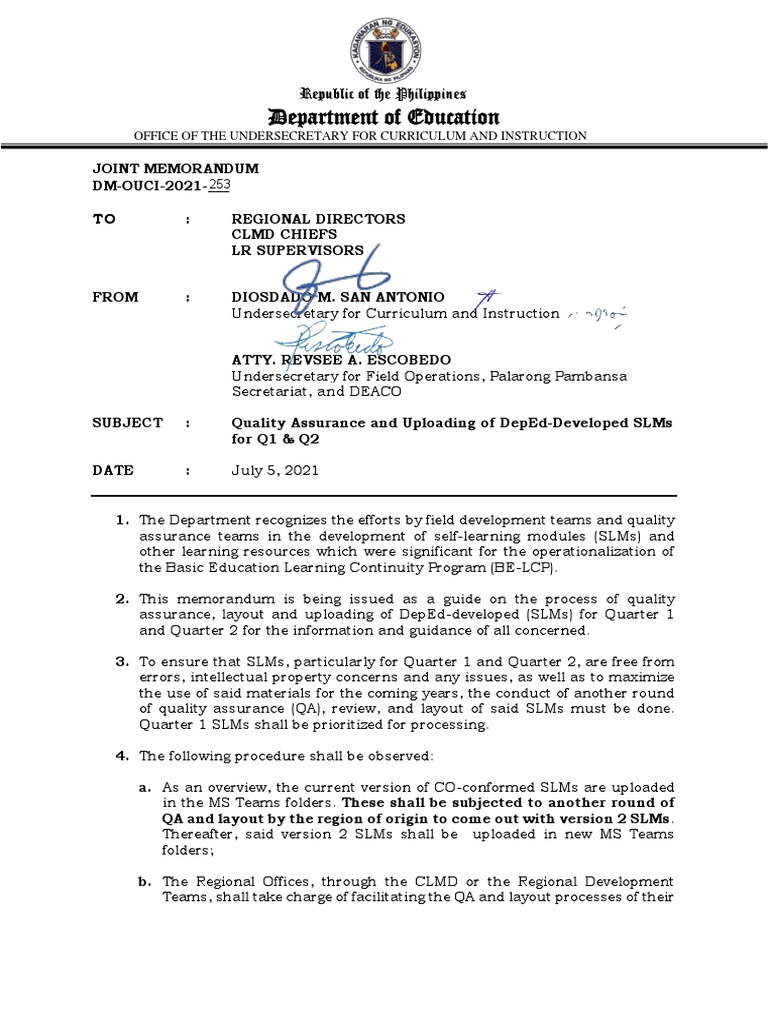 Signed DM Ouci 2021 253 Joint Memo Qa of q1 and q2 Slms 1 | PDF | Arial | Graphic Design