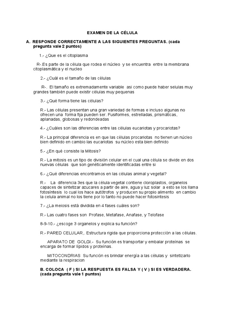 Examen sobre la Célula y sus Funciones | PDF | Biología Celular ...