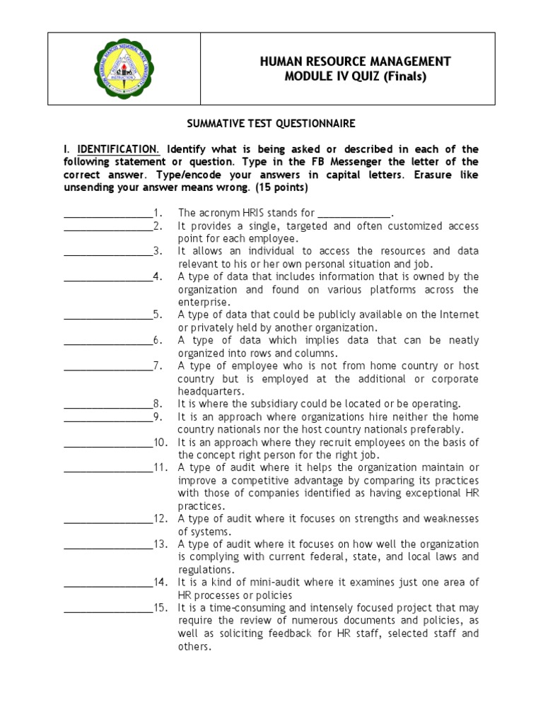 Human Resource Management Module Iv Quiz (Finals) | PDF | Business ...