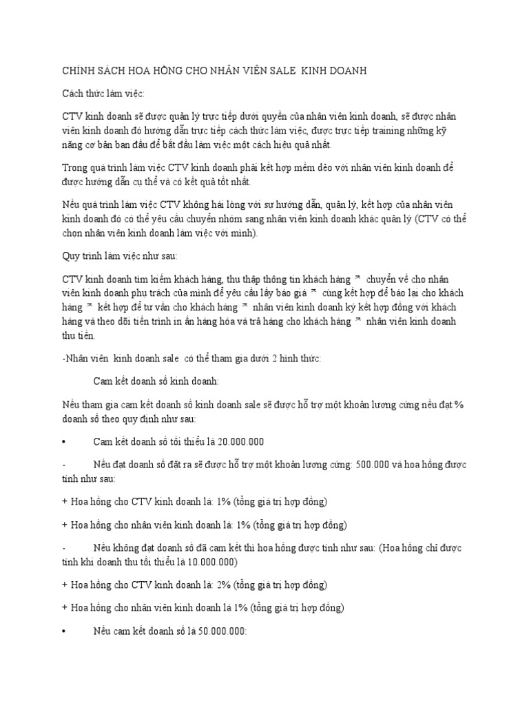 Chính Sách Hoa H NG Cho Nhân Viên Sale | PDF