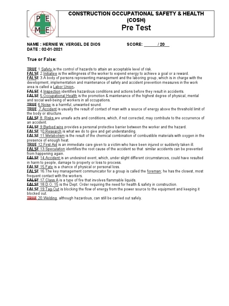 Pre Test: Construction Occupational Safety & Health (COSH) | PDF