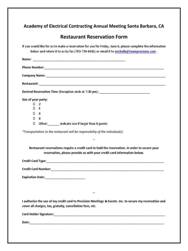 Restaurant Reservation Form Template | PDF
