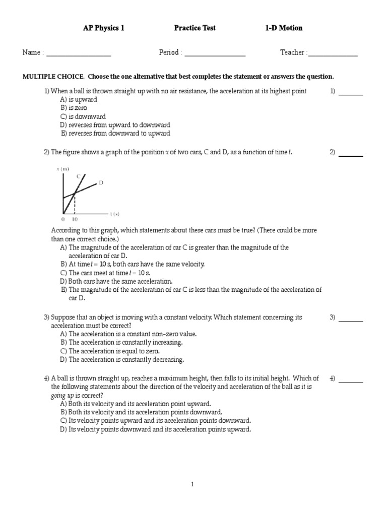 1-D Motion Practice Test | PDF | Acceleration | Velocity