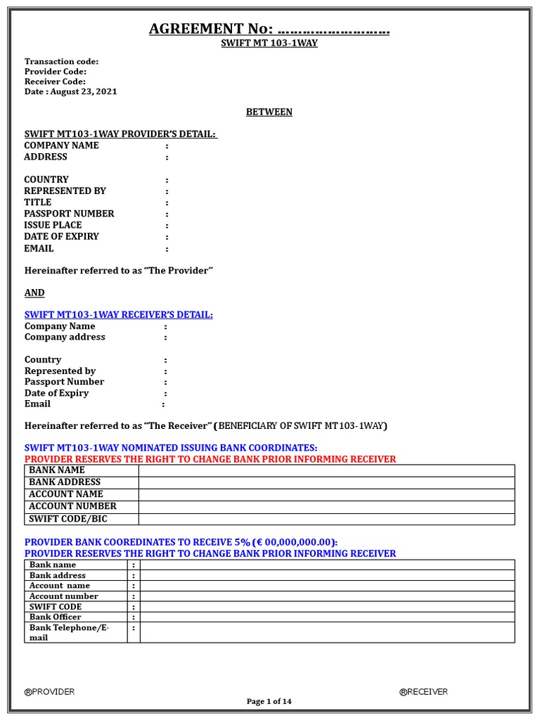 SWIFT MT103 Transfer Agreement | PDF | Wire Transfer | Money Laundering