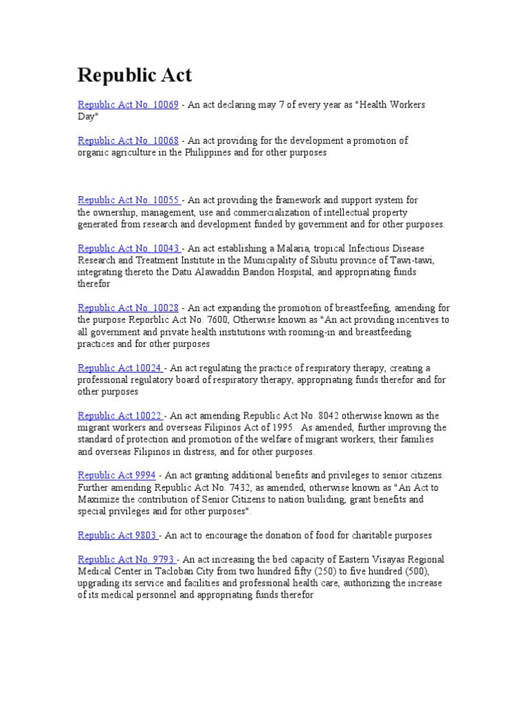 Republic Act | Preventive Healthcare | Licensure