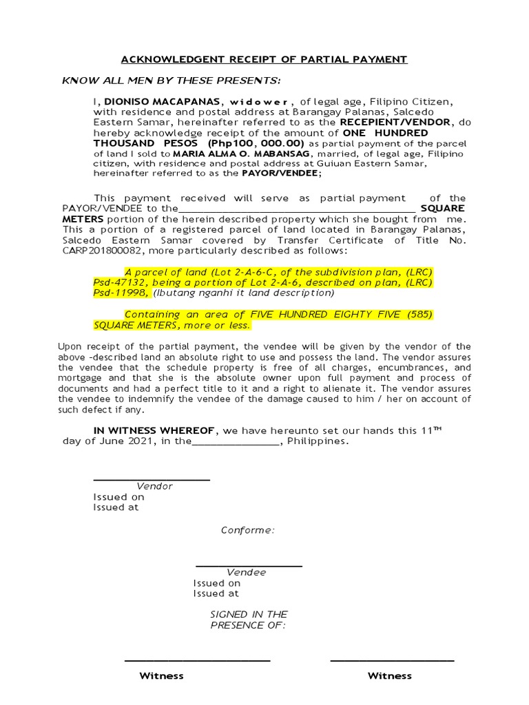 Acknowledgement of Partial Land Payment | PDF | Real Estate | Land Law