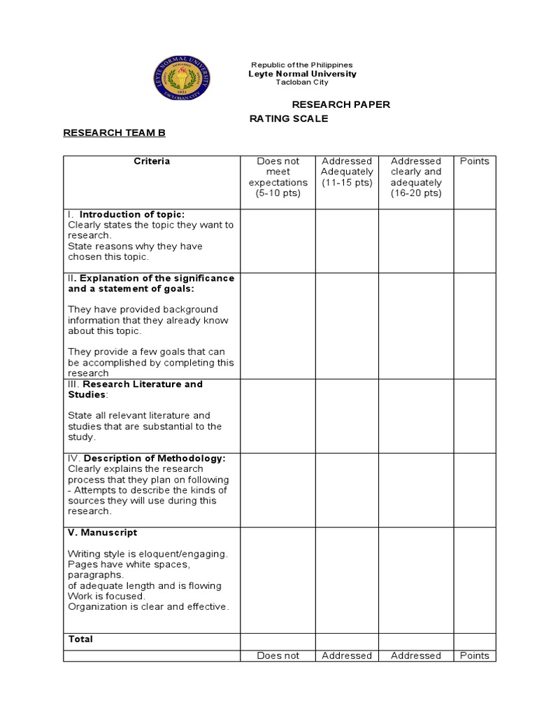 Research Paper Rating Scale Research Team B Criteria: Leyte Normal ...