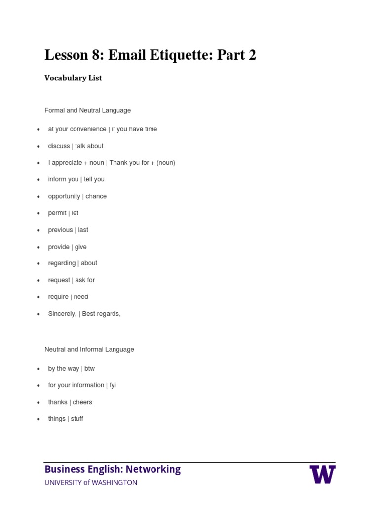 Lesson 8: Email Etiquette: Part 2: Vocabulary List | PDF