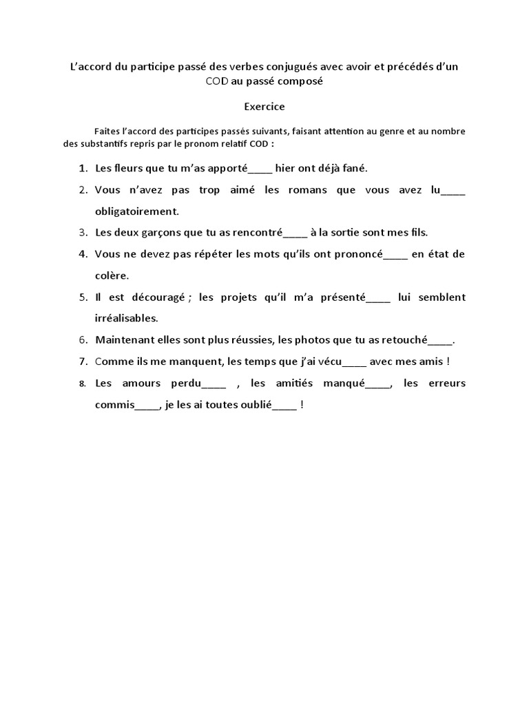Exercices sur l'accord du participe passé | PDF | Arts du langage et ...