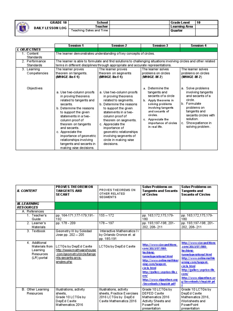 Math 10 DLL Septermber 30-October 4 | PDF | Circle | Angle