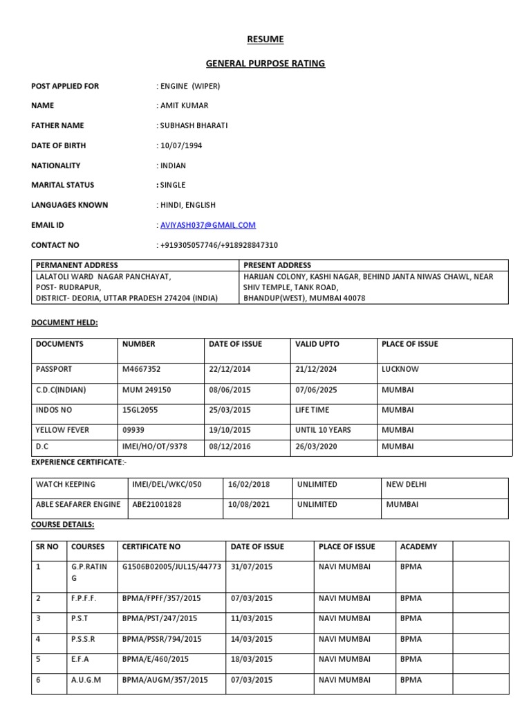A Resume for the Position of Engine Wiper Detailing Relevant ...