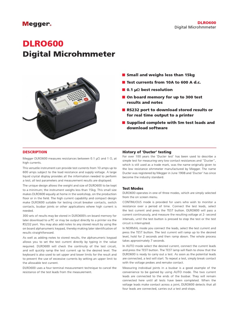 DLRO600: Digital Microhmmeter | PDF | Electrical Engineering | Electricity