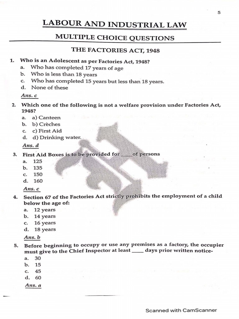 Labour and Industrial Law: Multiple Choice Questions | PDF | Labour Law ...