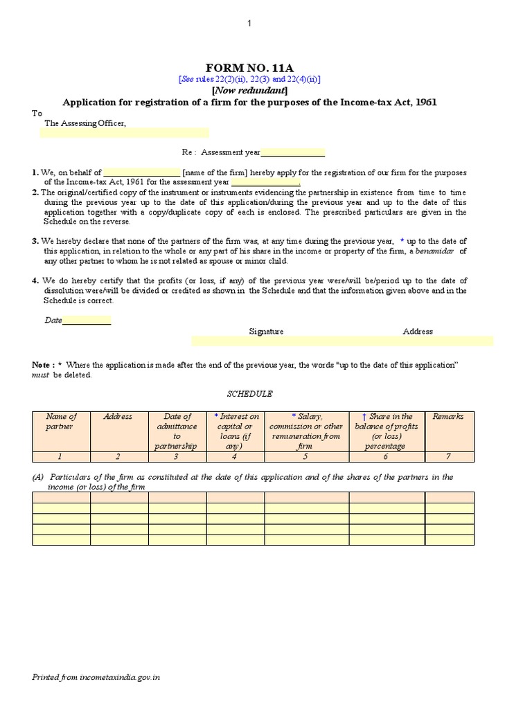 Form No. 11A: (Now Redundant) Application For Registration of A Firm ...