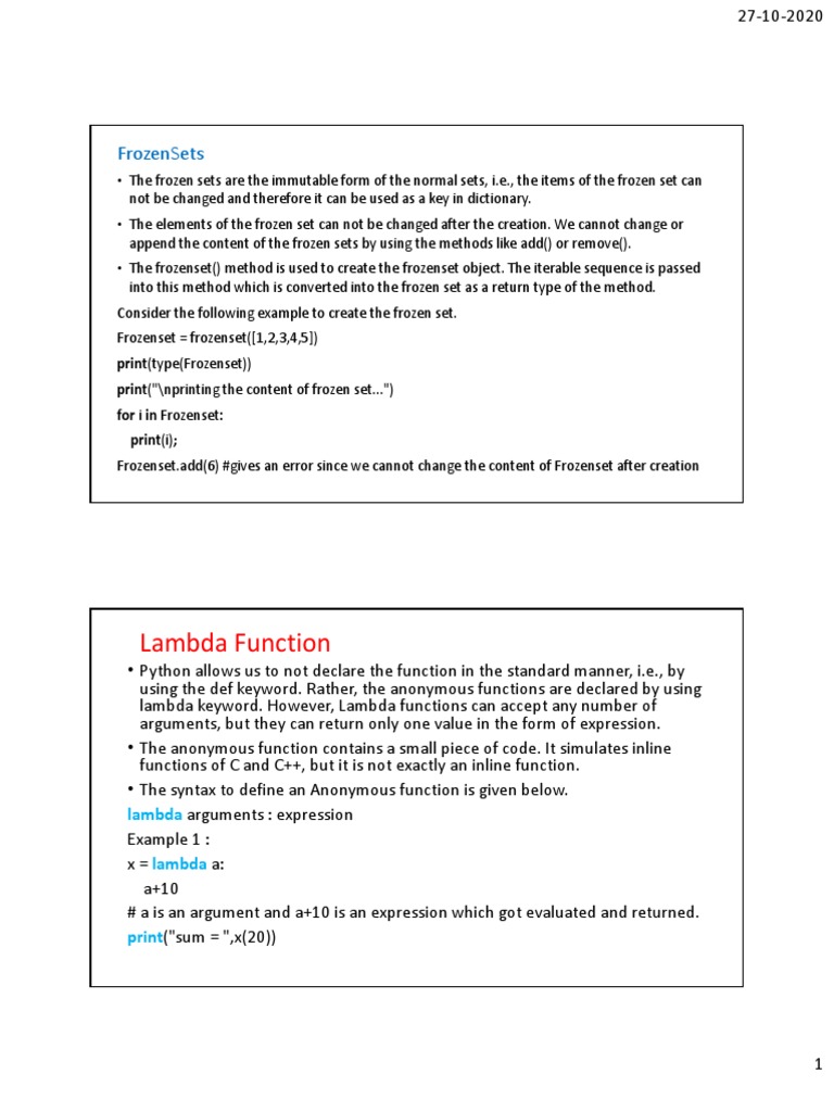 Lambda Function Frozensets Pdf Anonymous Function Parameter Computer Programming