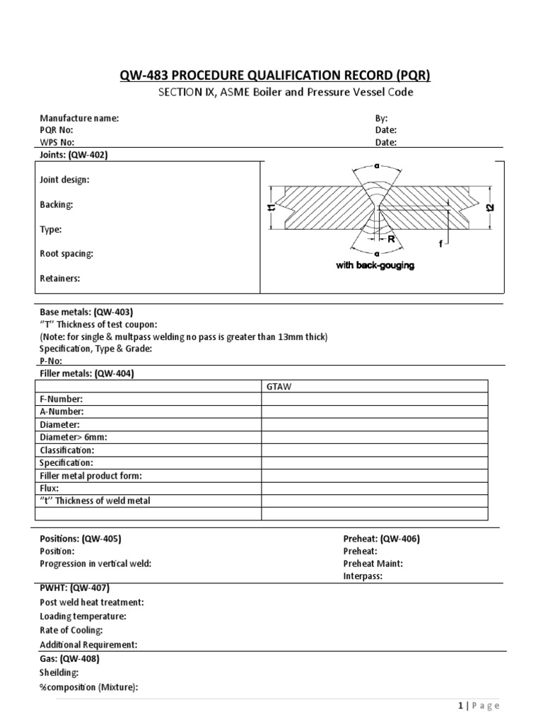 Qw-483 Procedure Qualification Record (PQR) : SECTION IX, ASME Boiler and Pressure Vessel Code ...