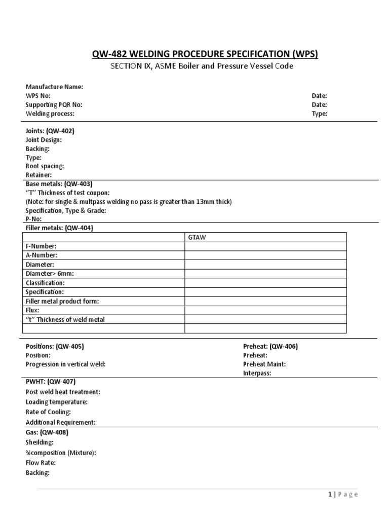 Qw-482 Welding Procedure Specification (WPS) : SECTION IX, ASME Boiler ...