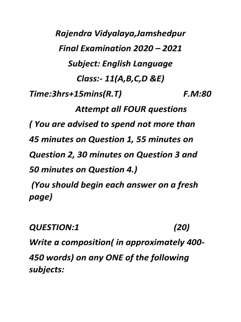 Class 11 English Exam Paper | PDF | Language Arts & Discipline | Home ...