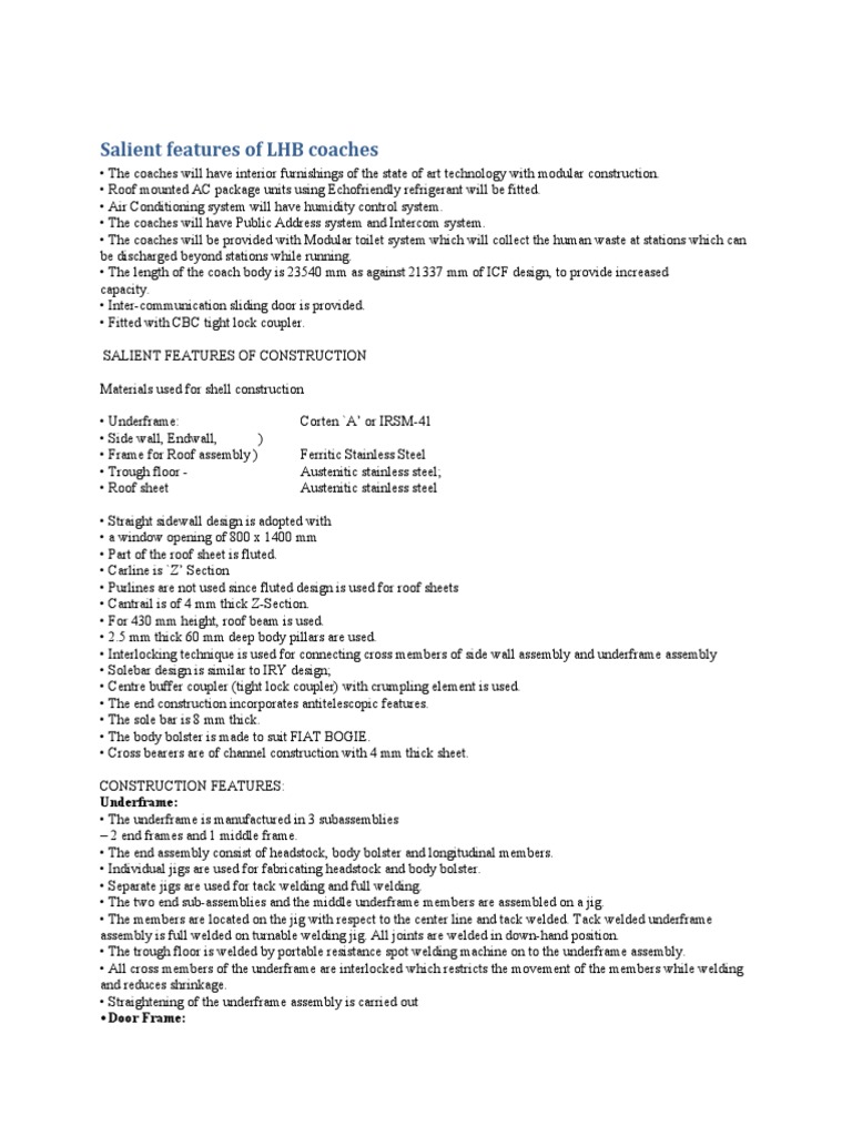 Salient Features of LHB Coaches | PDF | Construction | Welding