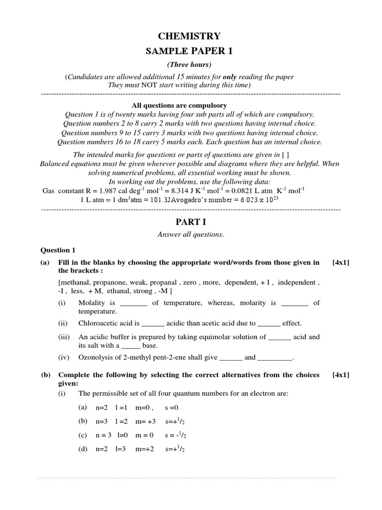 Chemistry Sample Paper 1: All Questions Are Compulsory | PDF | Carbon ...