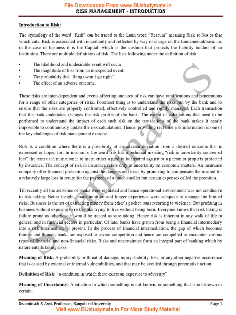 Risk Management - Unit 1 | PDF | Risk | Risk Management