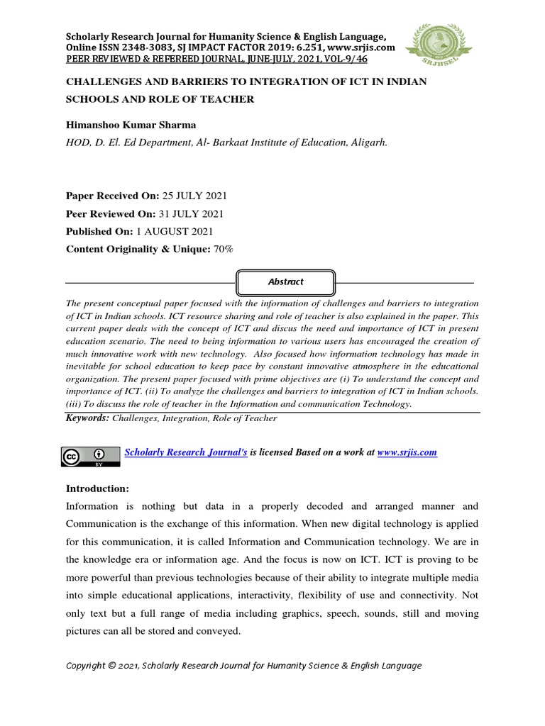 Challenges and Barriers To Integration of Ict in Indian Schools and ...
