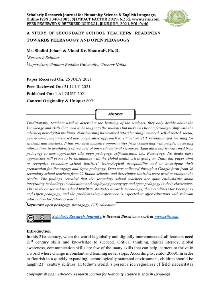 A Study of Secondary School Teachers' Readiness Towards Peeragogy and Open Pedagogy | PDF ...