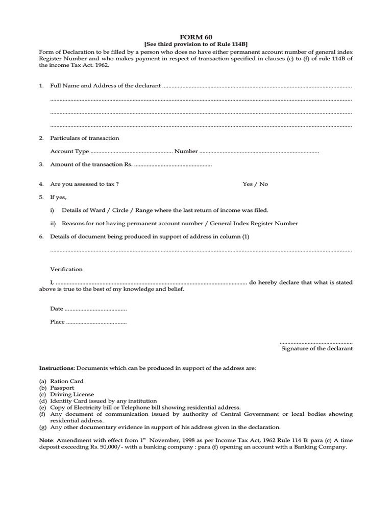 Form 60: (See Third Provision To of Rule 114B) | PDF